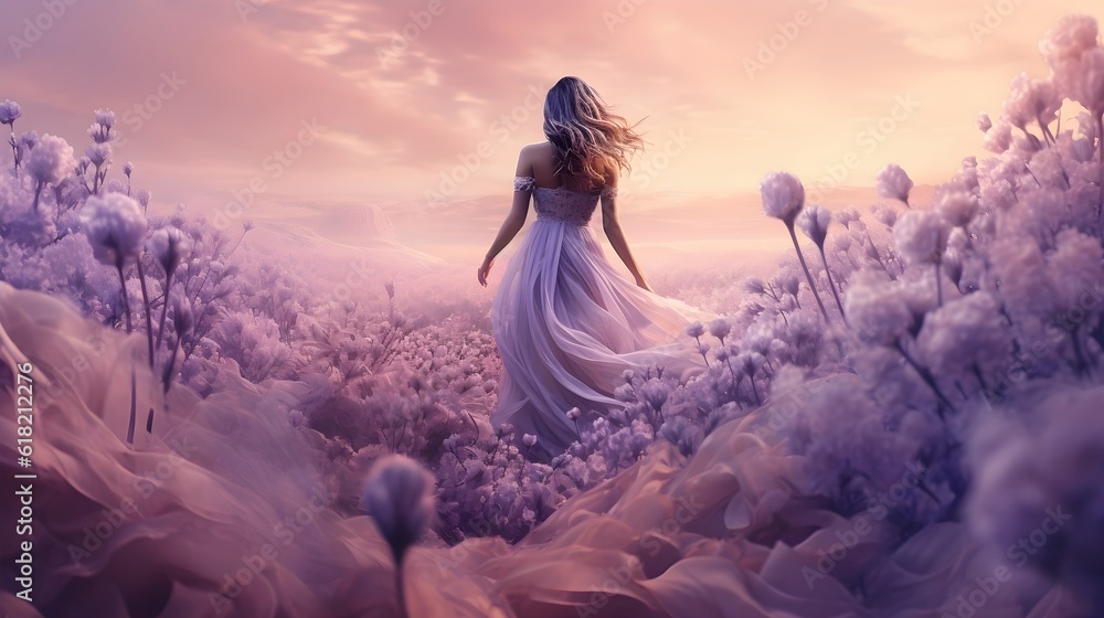 An artwork that blends a photograph of a field of lavender with a ...