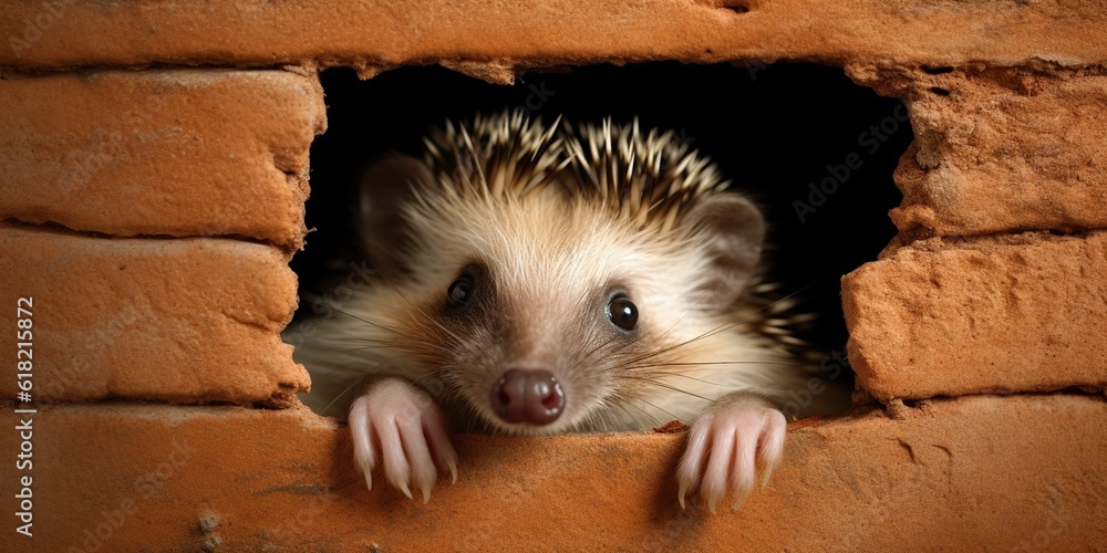 ภาพประกอบสต็อก Shocked hedgehog peeks out from around the corner ...