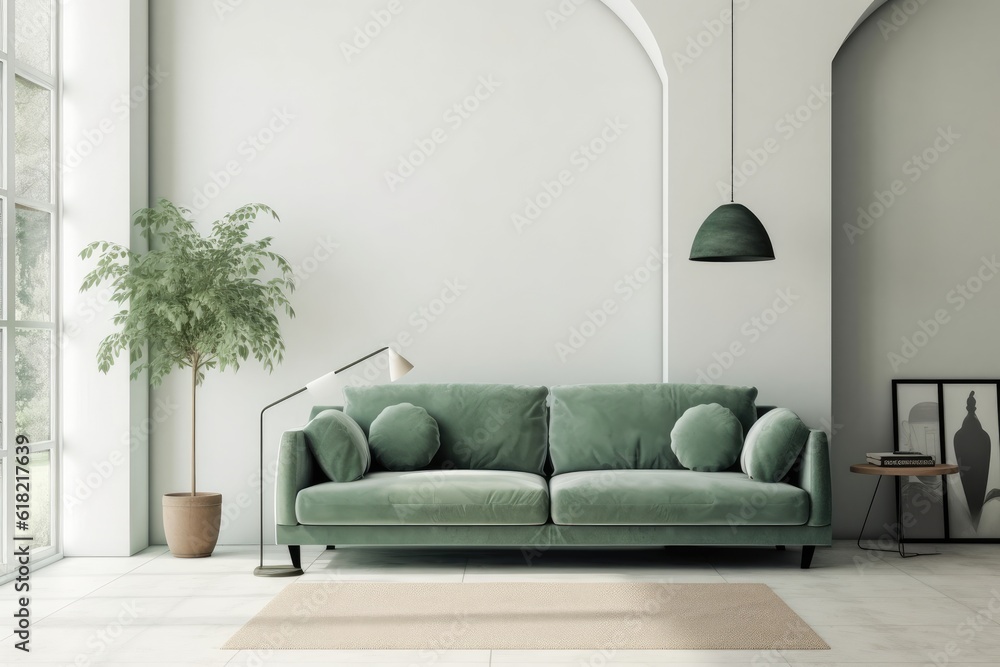 sage green leather sofa and white wall in modern living room AI ...