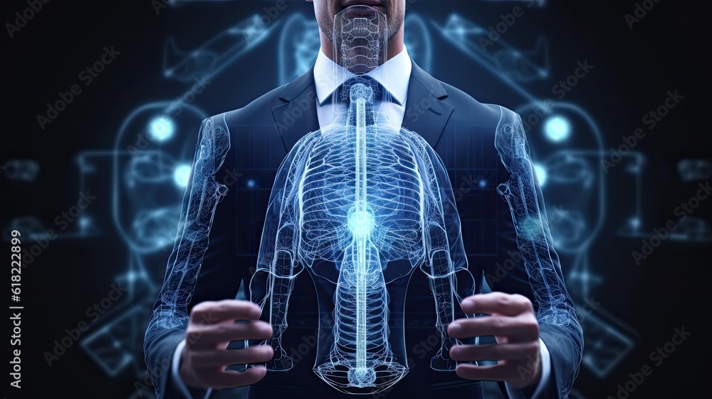 X-Ray Human Body Scan Interface. 3D Rendering of Businessman Using ...