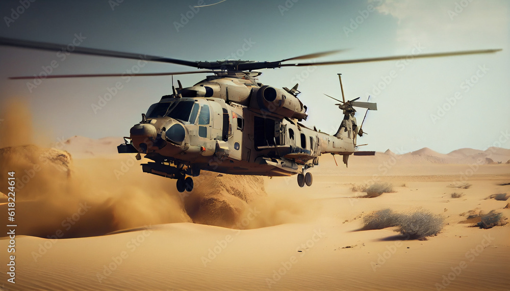 Military helicopter in active combat zone. War chopper aircraft flying for the army and landing ...