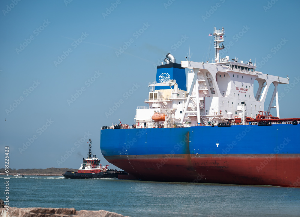 PORT ARANSAS, TX - 26 FEB 2023: Stern of YUAN FU YANG, a Crude Oil ...