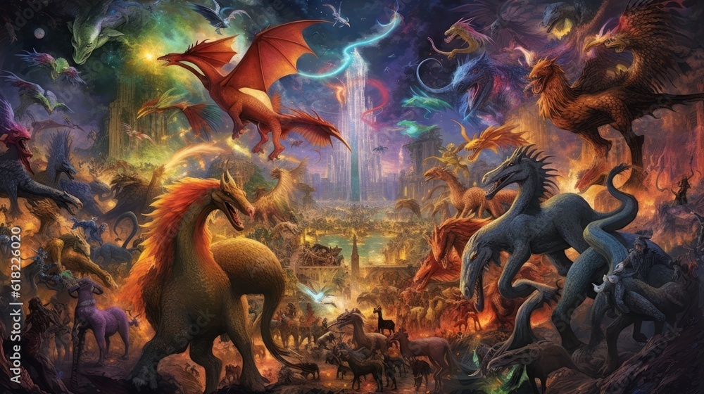 Artwork showcasing a diverse array of legendary creatures from folklore ...