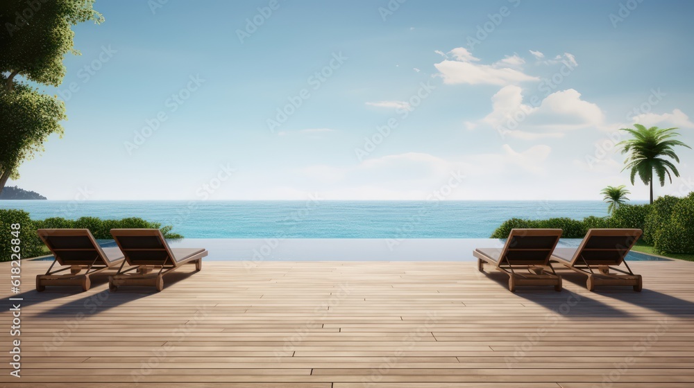 Plakát Sunbeds and dining table on wooden floor deck with infinity edge ...
