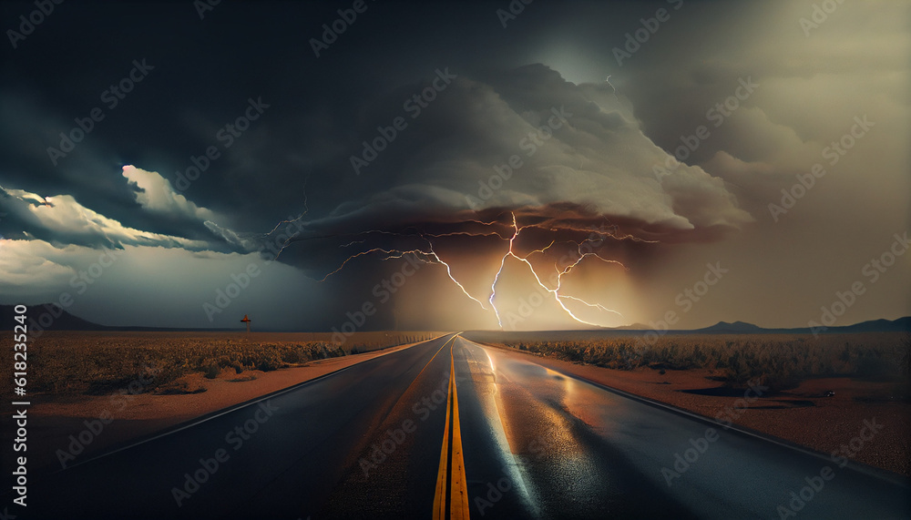 Storm clouds and lightning over a long highway. Deserted road with ...