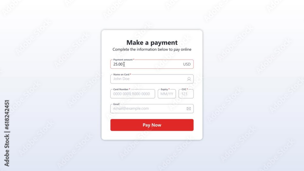 Payment Form Screen Animation. Website page with fields Payment Amount ...