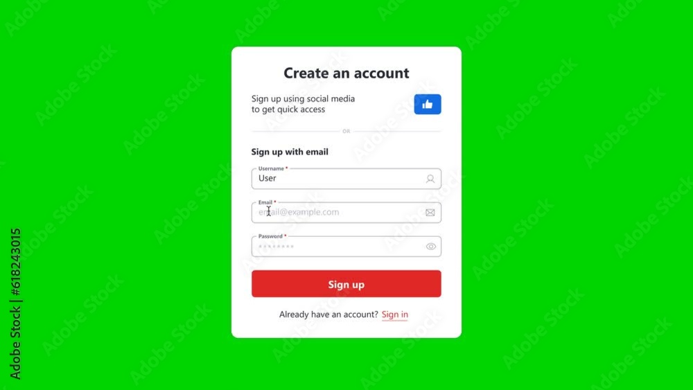 Sign up Form Screen Animation. Website page with fields Username, Email ...