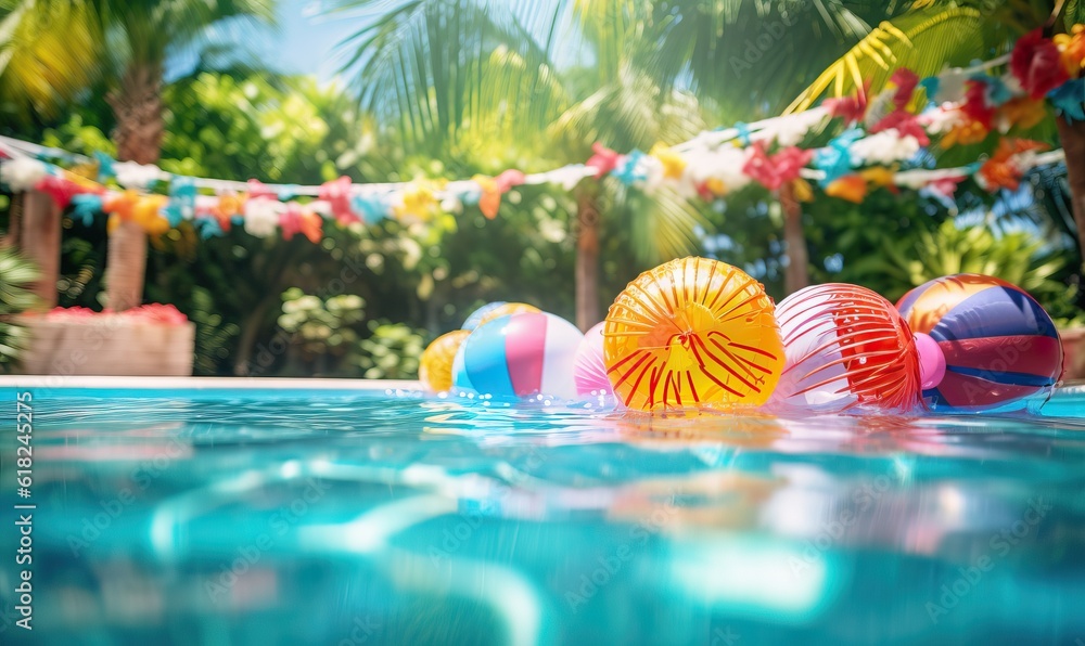 Colorful beach balls floating in a pool with party streamers in the ...