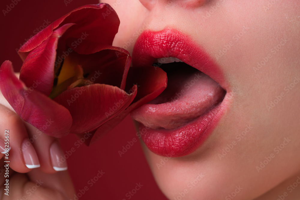 Licking Lips Woman Mouth With Sexy Lips Licking Tongue Flower Mouth