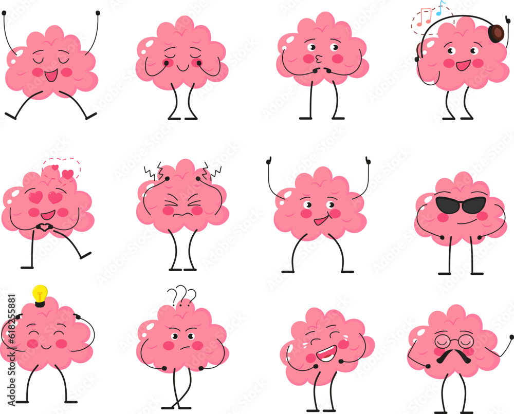 Cartoon brain emoji, emotion brainy vector set. Brainstorming set ...