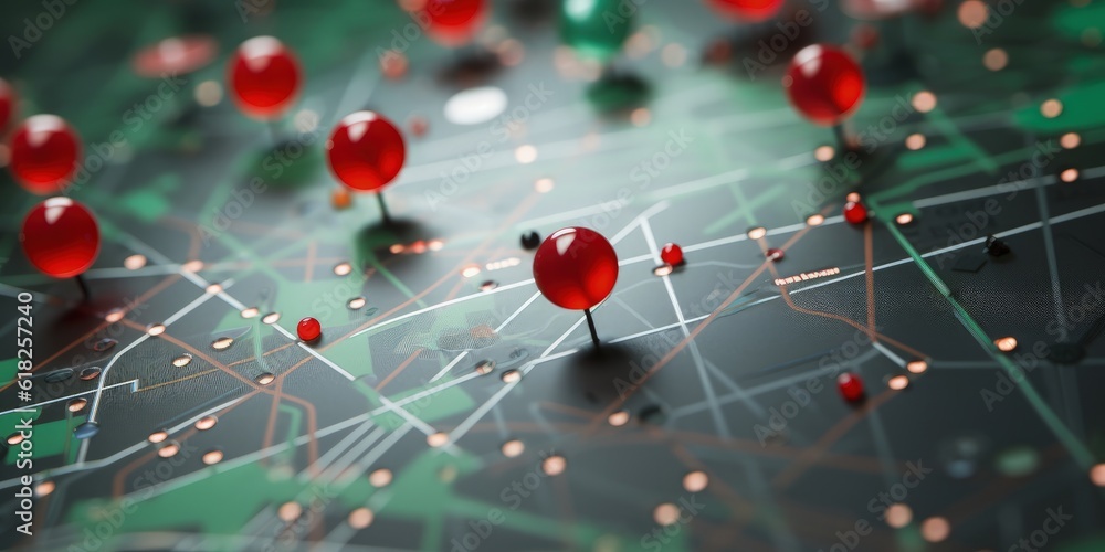 Map with red and green location pins with blurred background ...