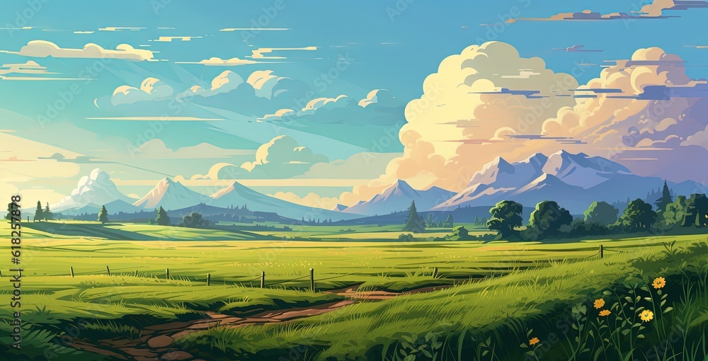 Farm land illustration in cartoon style, illustration of dirt road and ...