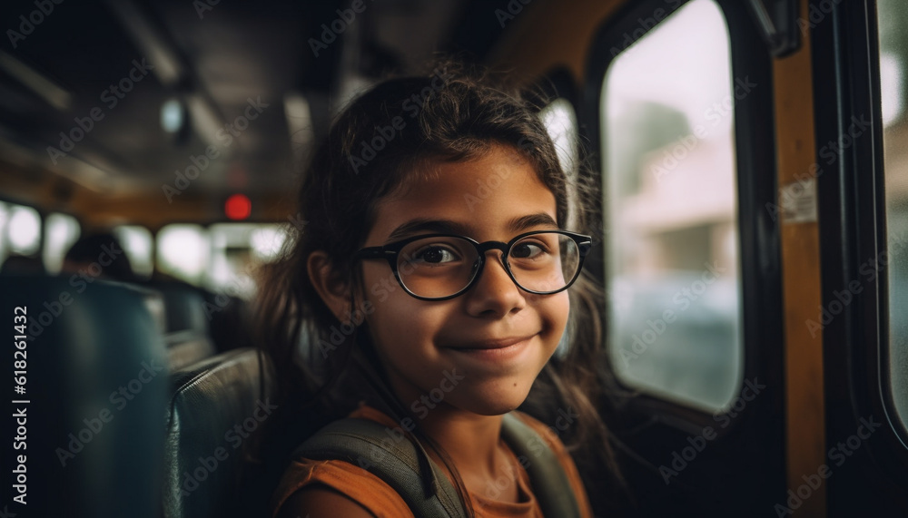 Cute girl smiling on bus adventure journey generated by AI Stock ...