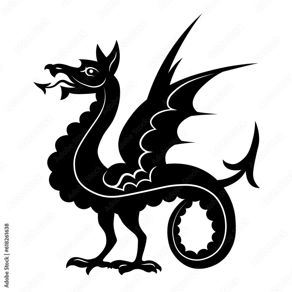 Heraldic dragon snake with wings. Symbol, sign, line, icon, silhouette ...