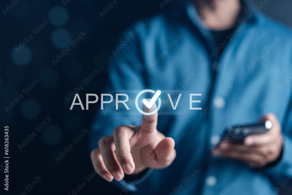 Hand man touching tick or check mark correct sign for quality standards ...