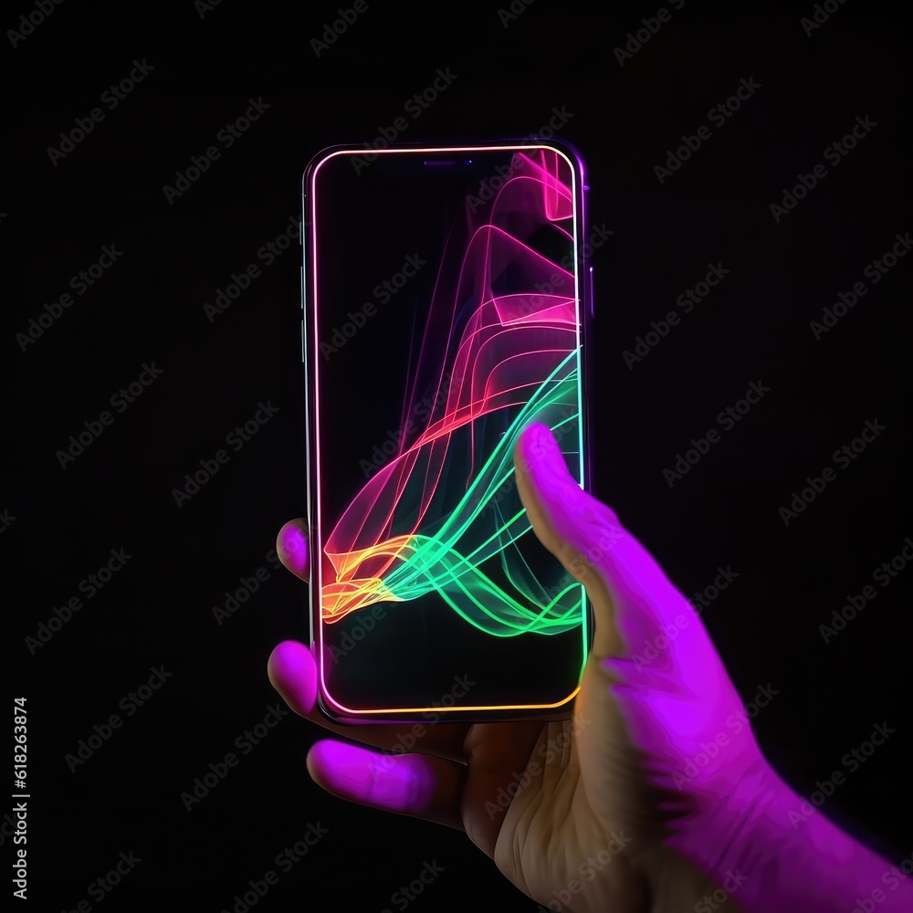 Smartphone in hand. There is a glowing screen saver on the screen ...