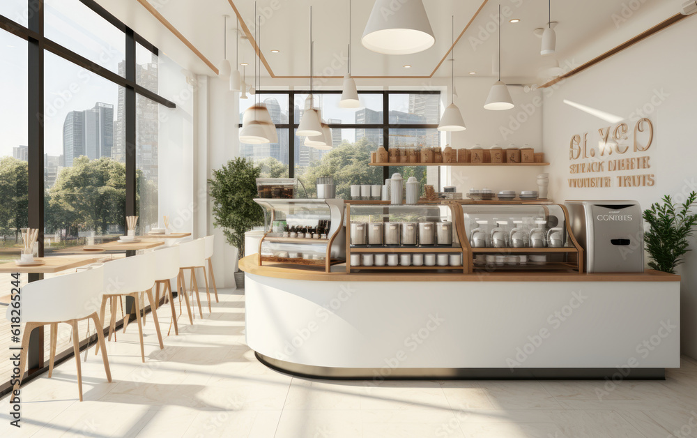 Korean style design café, small and modern with a 3D background of ...