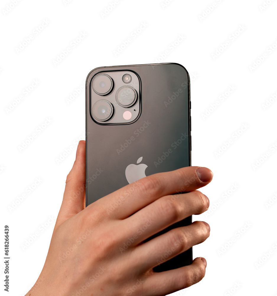 Lodz, Poland June 19 2023 Hand holding iphone 14 pro, taking mobile ...