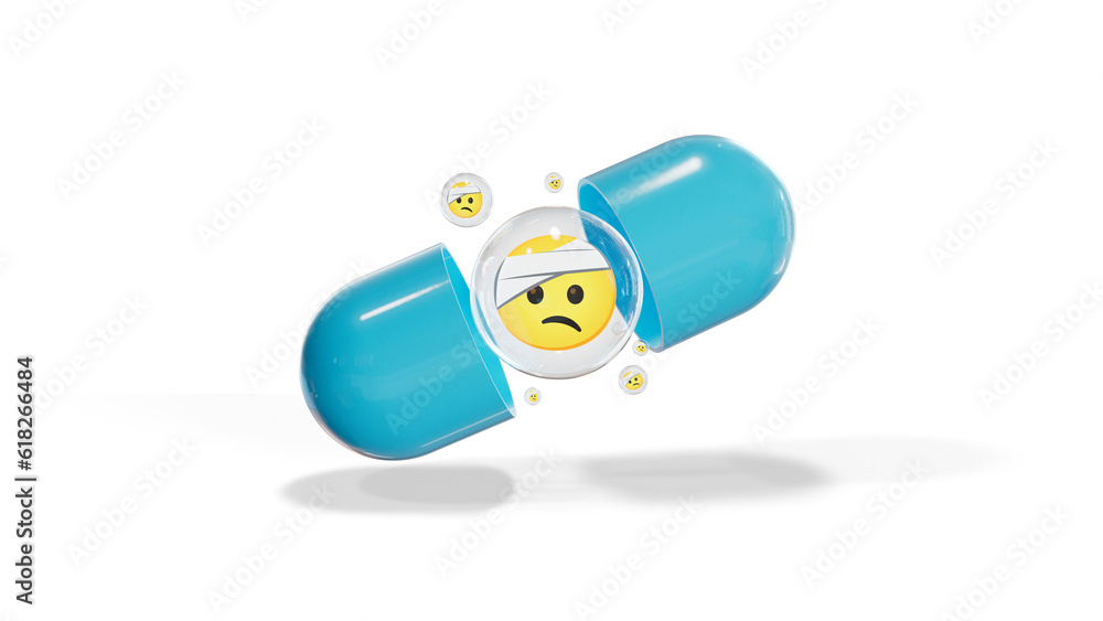 Opening Medical Pill with Emoji face with head bandage inside ...