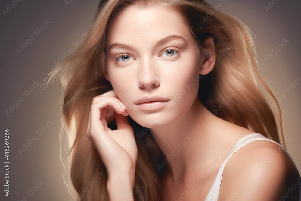 Portrait of beautiful model with brown hair for an advertisement for ...