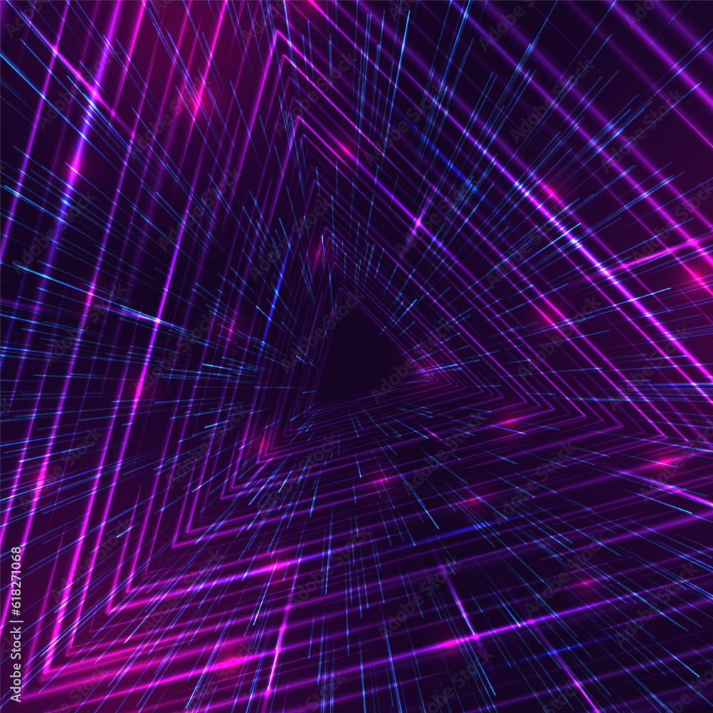 Triangle portal with light effects. Neon tunnel. Abstract technology ...