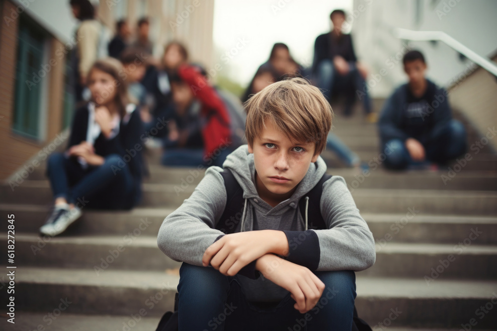 Depressed school boy sitting alone at stairs. Victim of school bullying ...