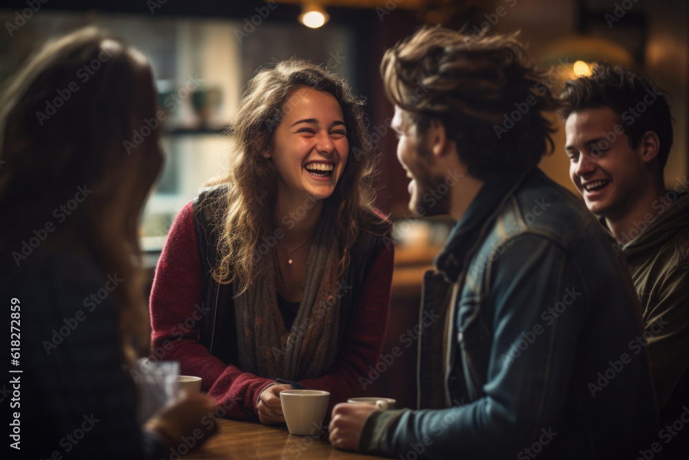 Happy friends meeting in cafe. Group of people sitting in restaurant ...