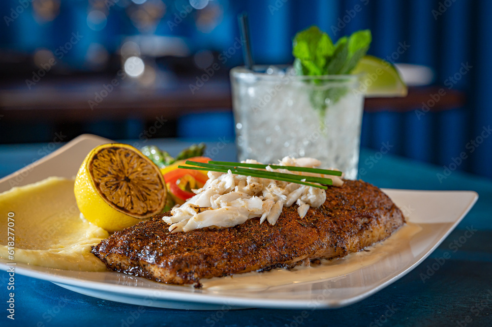 Grouper Oscar with Jumbo Lump Crab Meat and Asparagus Stock Photo ...