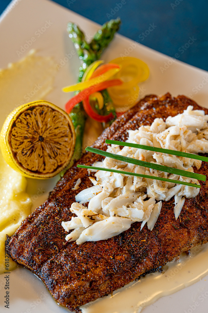 Poster Grouper Oscar with Jumbo Lump Crab Meat and Asparagus – Wall Art ...