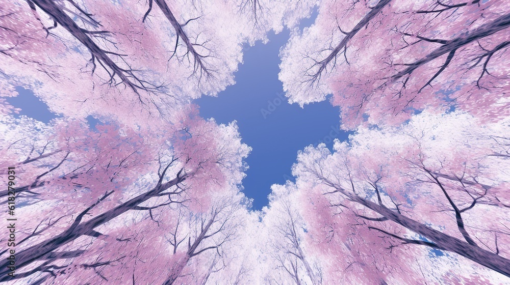 Forest trees from below. Natural background bottom view of the crowns ...