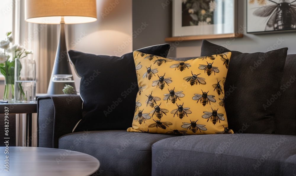 a couch with a yellow and black bee pillow on it's back and a table ...
