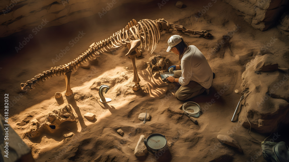 Archeologists discover fossil, excavation digging site concept. Archeolog man working on ...