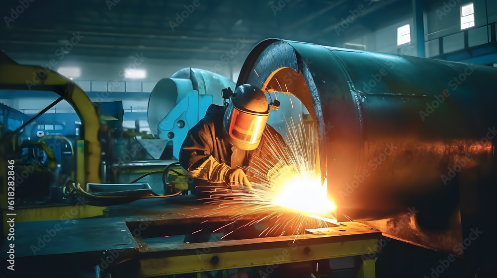 Industry iron factory banner. Worker welder with protective mask ...