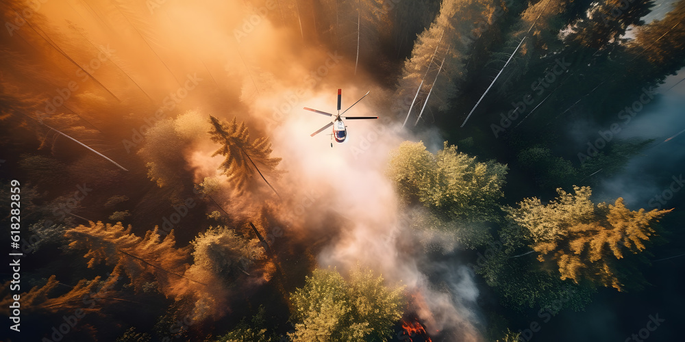 Fire fighting Helicopter dropping water on wildfire. Disaster forest ...