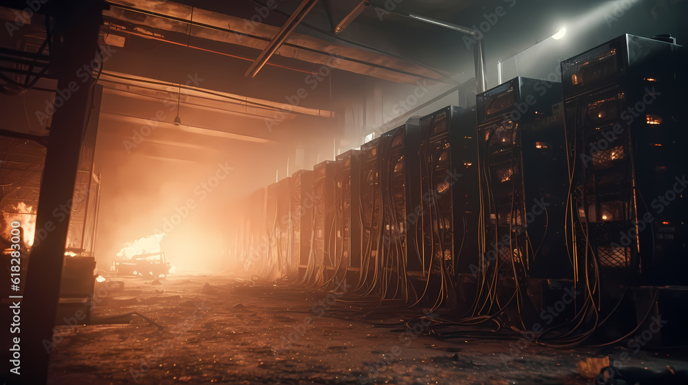 Burning server room or mining farm. Data center supercomputer ...