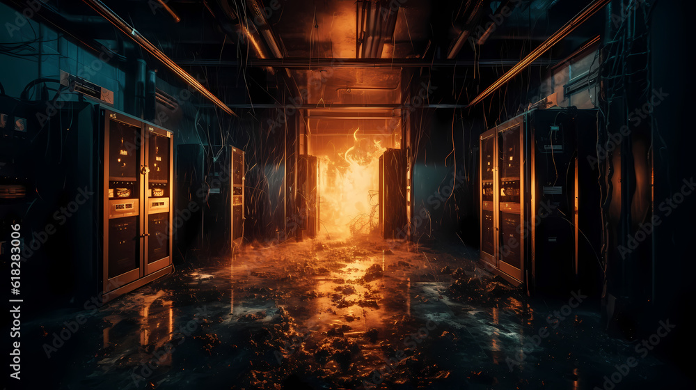 Server room Burning. Data center and supercomputer technology in fire ...