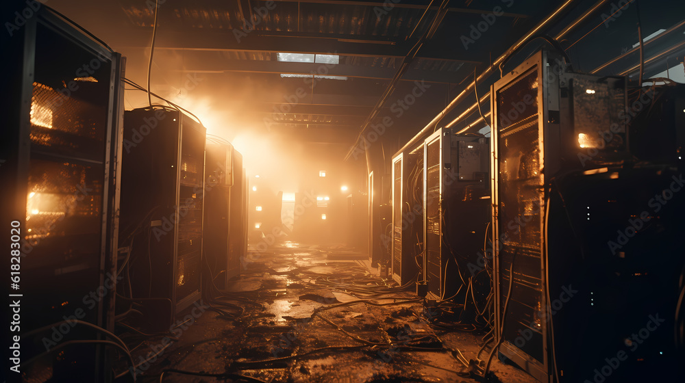 Burning server room or mining farm. Data center supercomputer ...