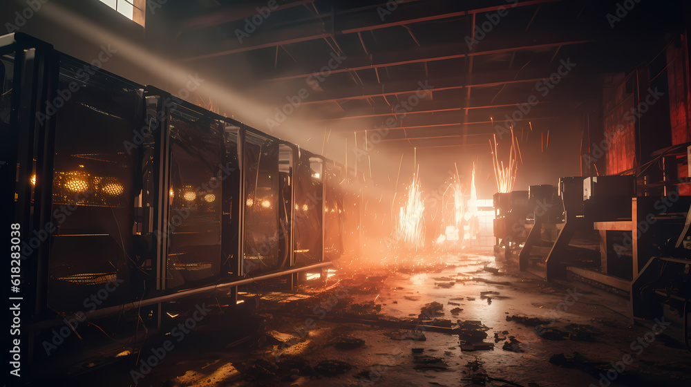 Burning server room or mining farm. Data center supercomputer ...