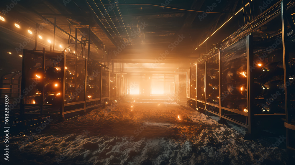 Burning server room or mining farm. Data center supercomputer ...