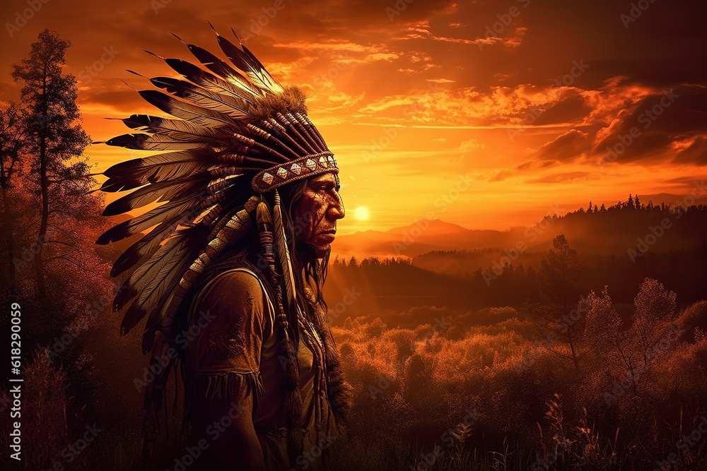 Illustration of a native american indian chief at sunset, art ...
