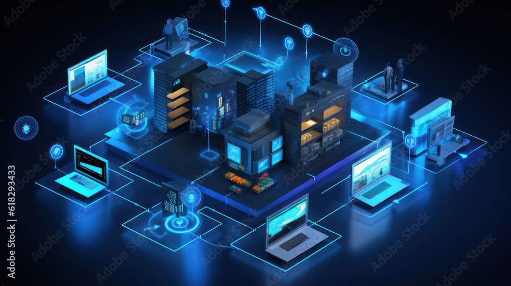 Illustrate a scene depicting robust network security measures, such as firewalls, intrusion ...