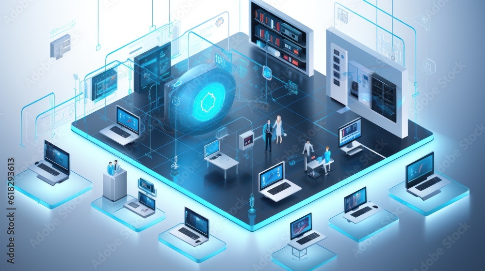 Illustrate a scene depicting robust network security measures, such as firewalls, intrusion ...