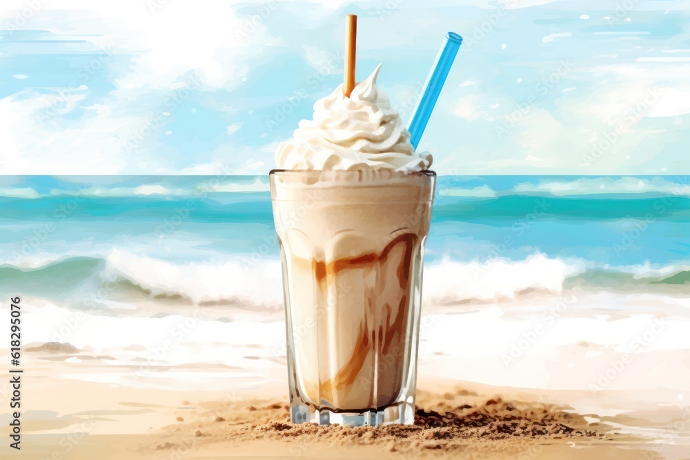watercolour cold frappe or latte drawings and summer themed, sea, coast ...