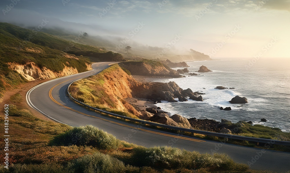 a winding road near the ocean with a view of the ocean in the distance ...