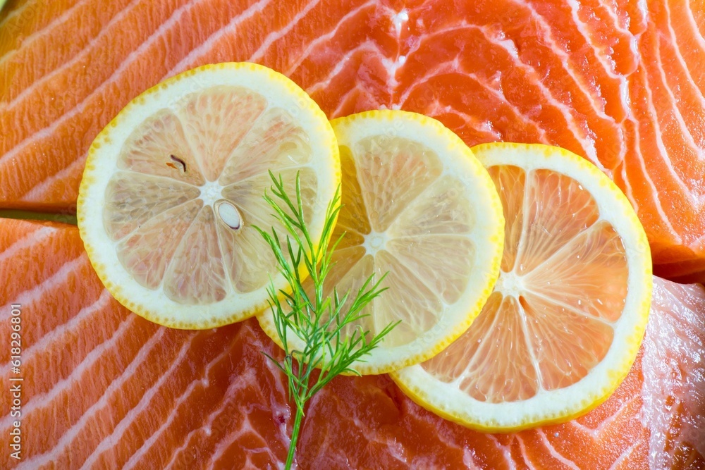 Captivating Top Close-Up of Fresh raw Salmon fish Fillet with Zesty ...