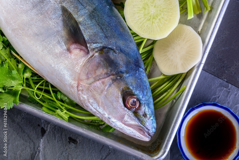 Exquisite Top Close-Up of Fresh Raw Yellowtail Fish (Hamachi) with ...