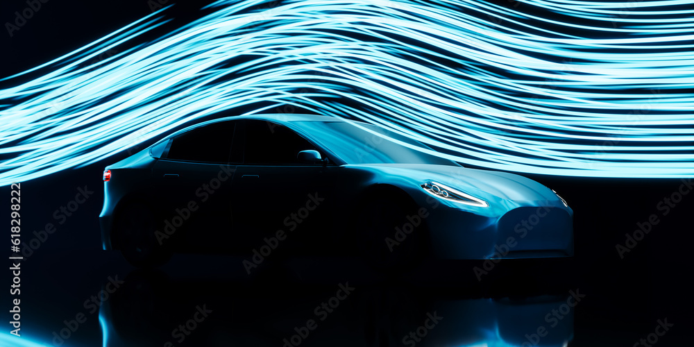 Electric vehicle aerodynamics test in wind tunnel, modern concept car ...