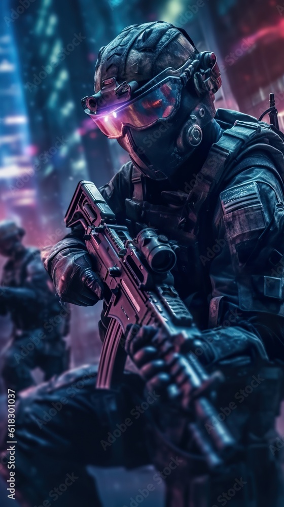 futuristic cyberpunk neon soldiers in military uniform with weapon ...