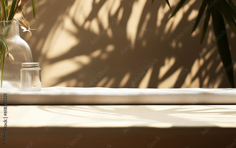 Table countertop with beige linen tablecloth in sunlight, tropical leaf ...