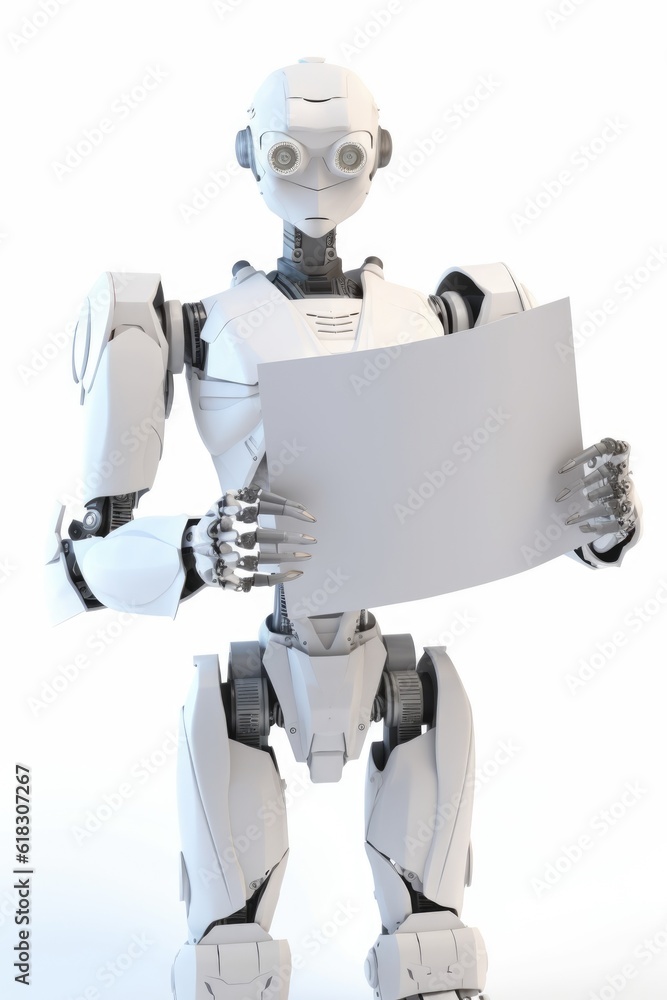 Human white robot holding white paper. White anthropomorphic robot ...